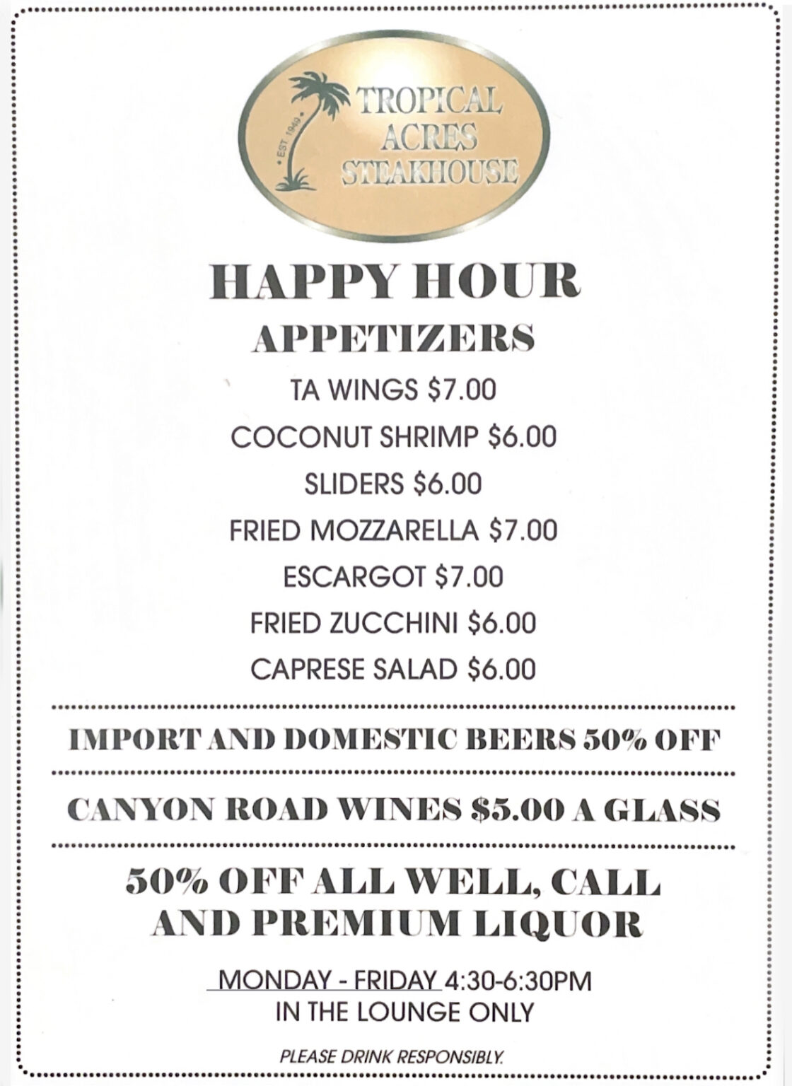 Happy Hour - Tropical Acres Steakhouse