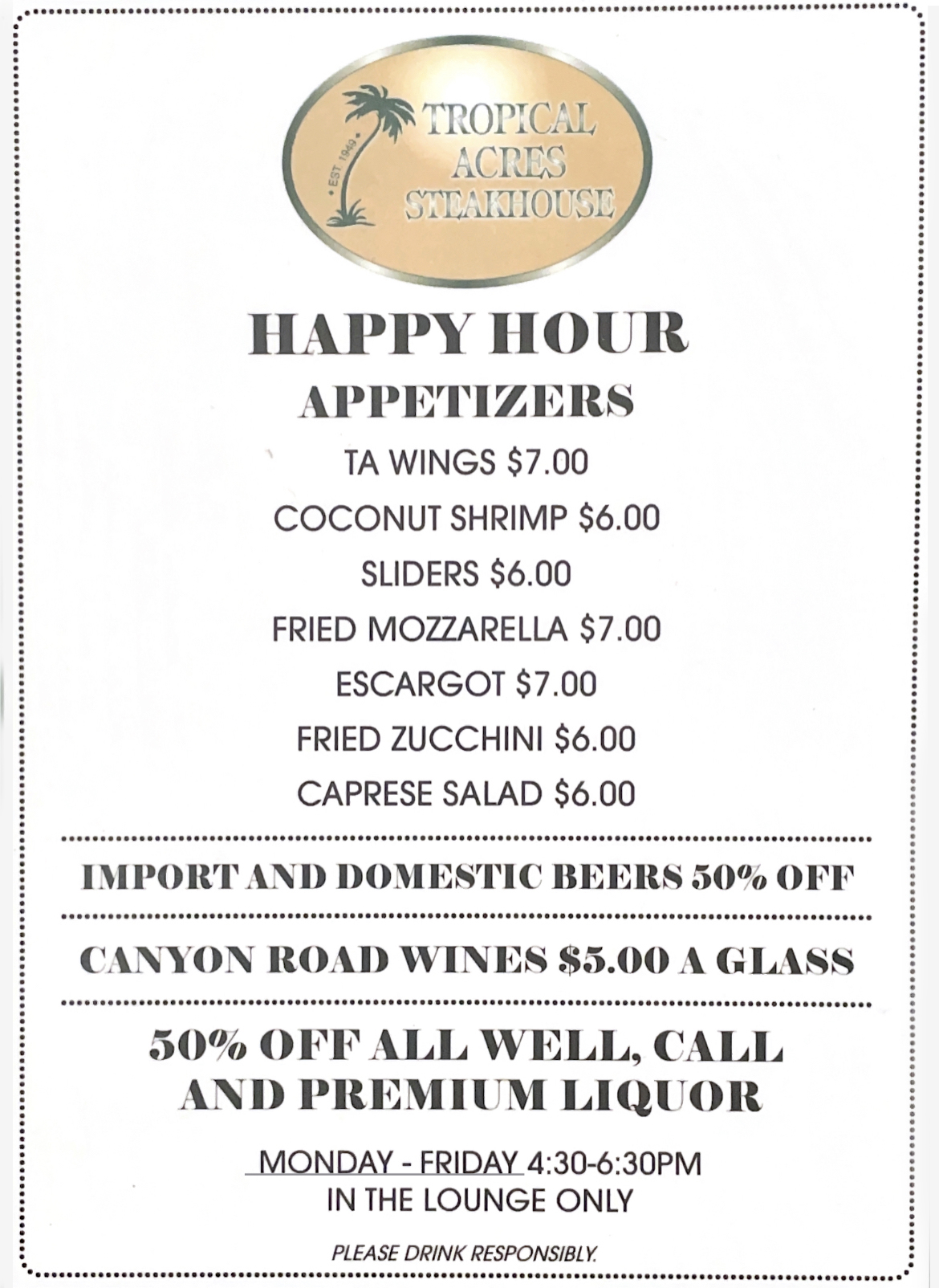 Happy Hour - Tropical Acres Steakhouse